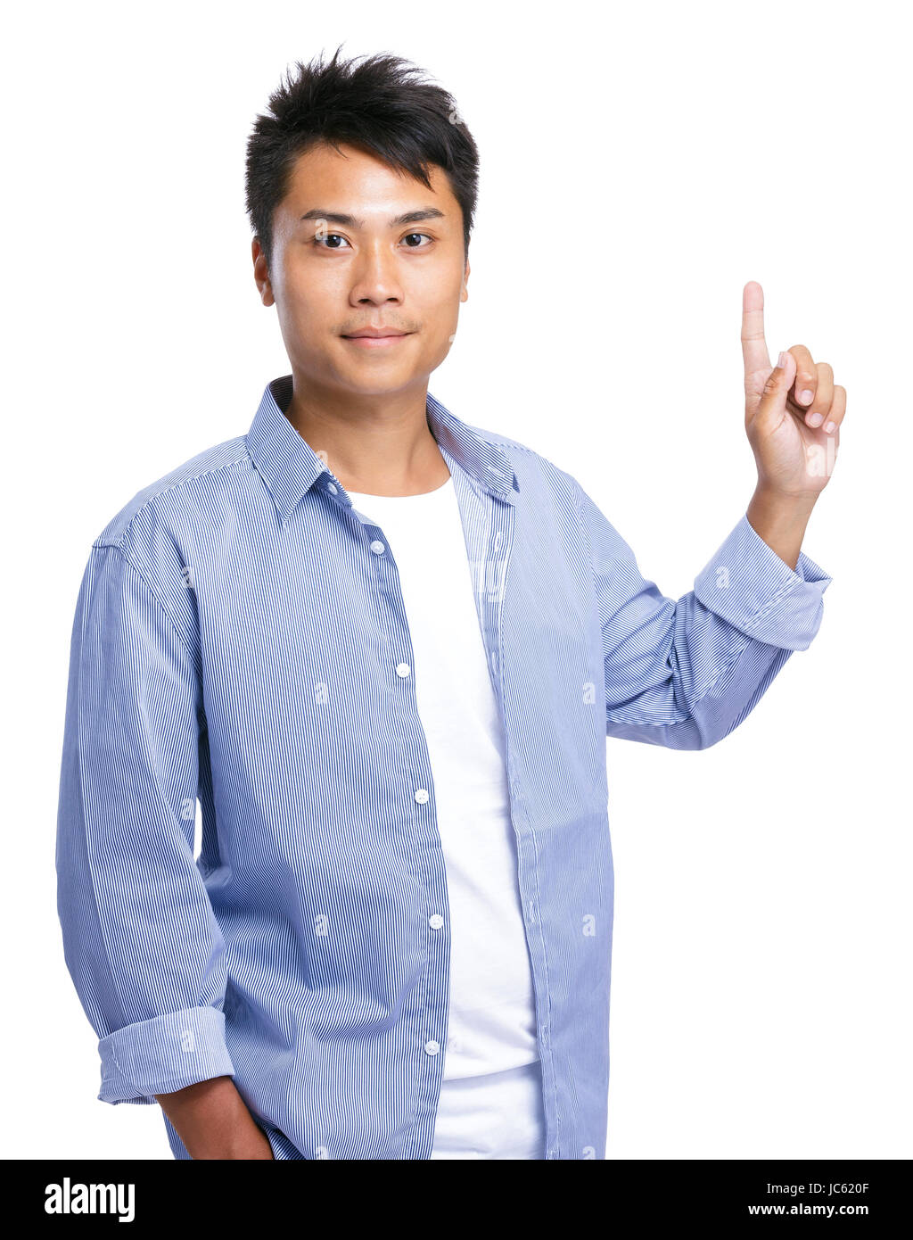 Asian man finger point up Stock Photo - Alamy