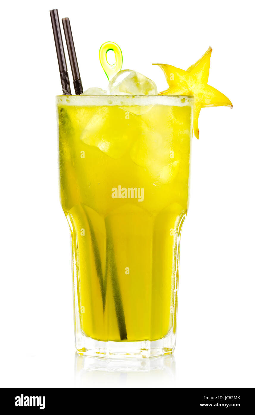 Yellow alcohol cocktail with carambola fruits slices isolated on white ...