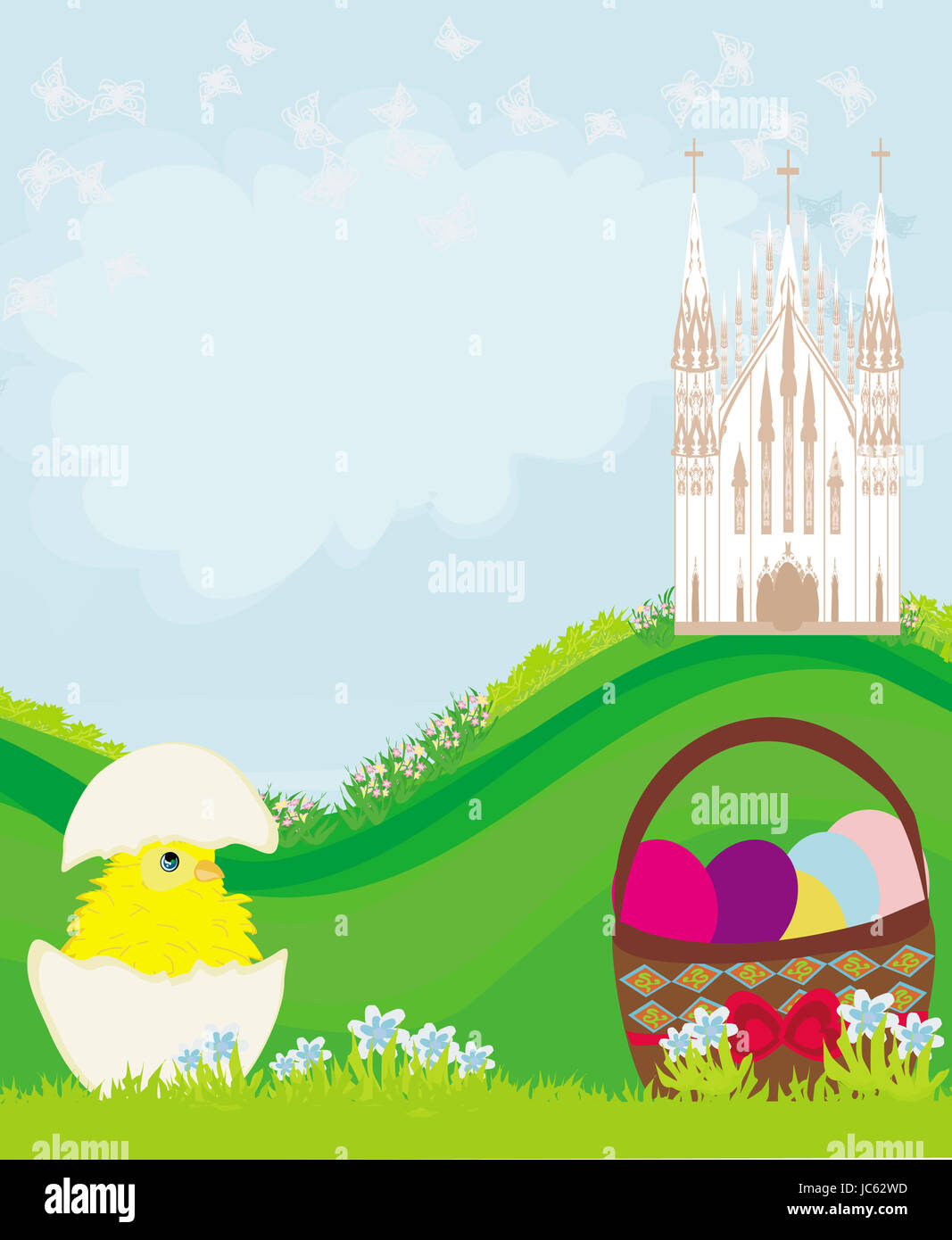 Easter landscape with eggs, flowers, butterflies and church Stock Photo ...