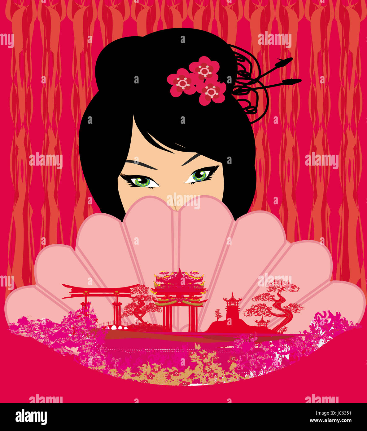 attractive asian woman holding traditional fan Stock Photo - Alamy