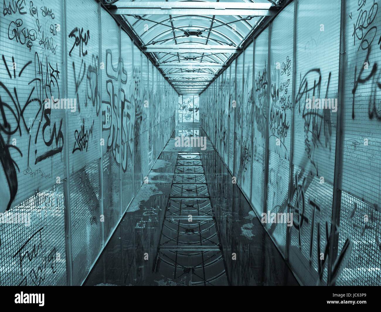 Pedestrian bridge with graffiti picture - cool cyanotype Stock Photo ...