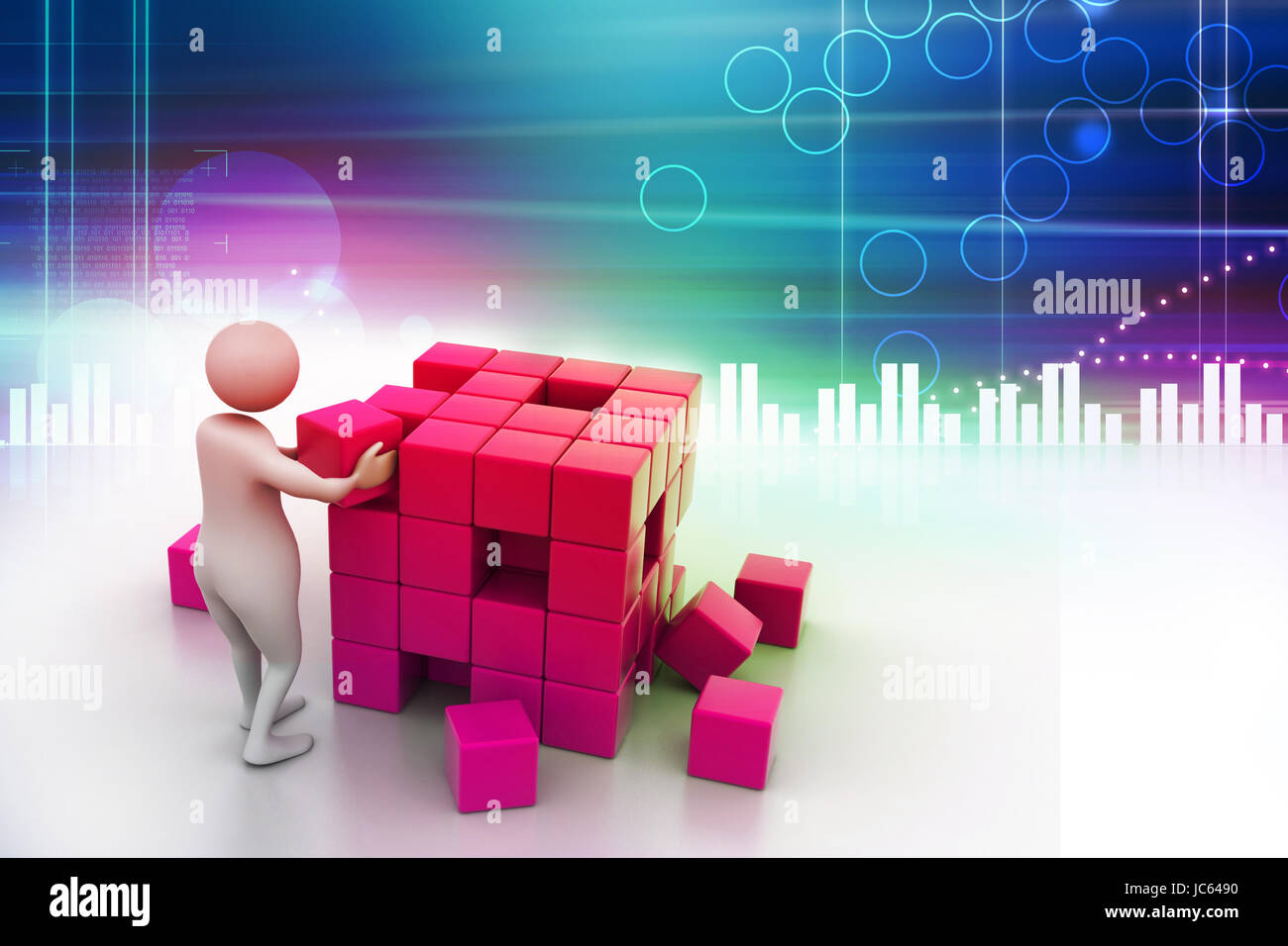3d people - man, person pushing a cube Stock Photo - Alamy