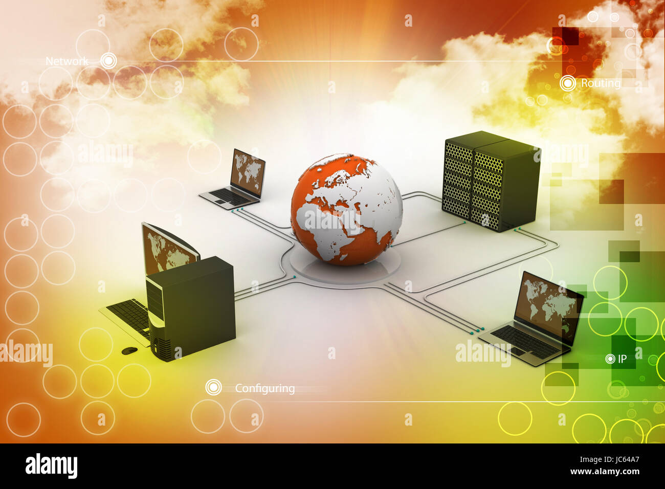 Globe around with laptop server and computer Stock Photo - Alamy