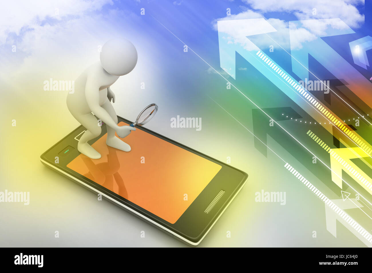 3d man analysing the tablet through magnifier Stock Photo - Alamy