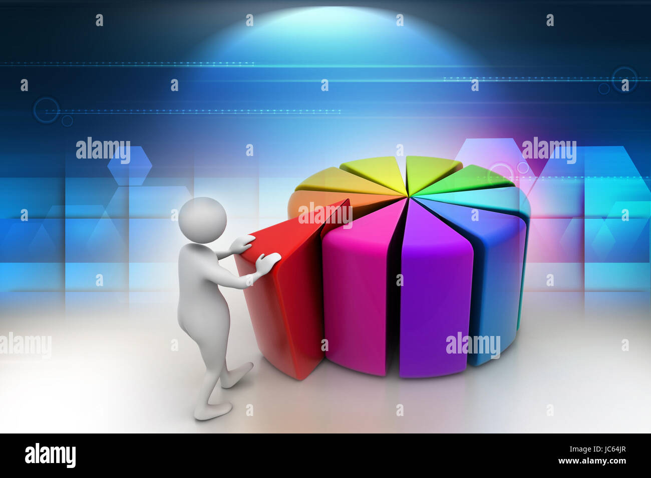 3d man pushing red peace of pie chart Stock Photo - Alamy