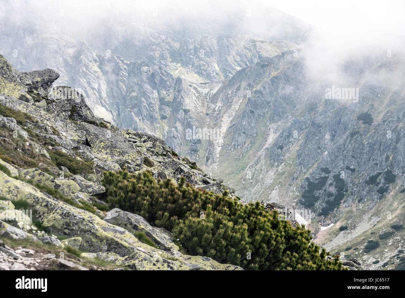 Mountain landscape on a cloudy day with rain clouds and fog on the ...