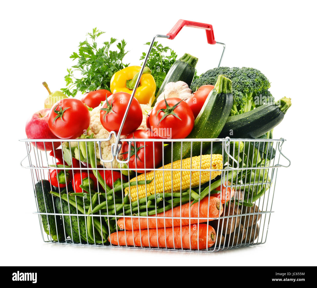 Wire shopping basket with groceries isolated on white background Stock ...
