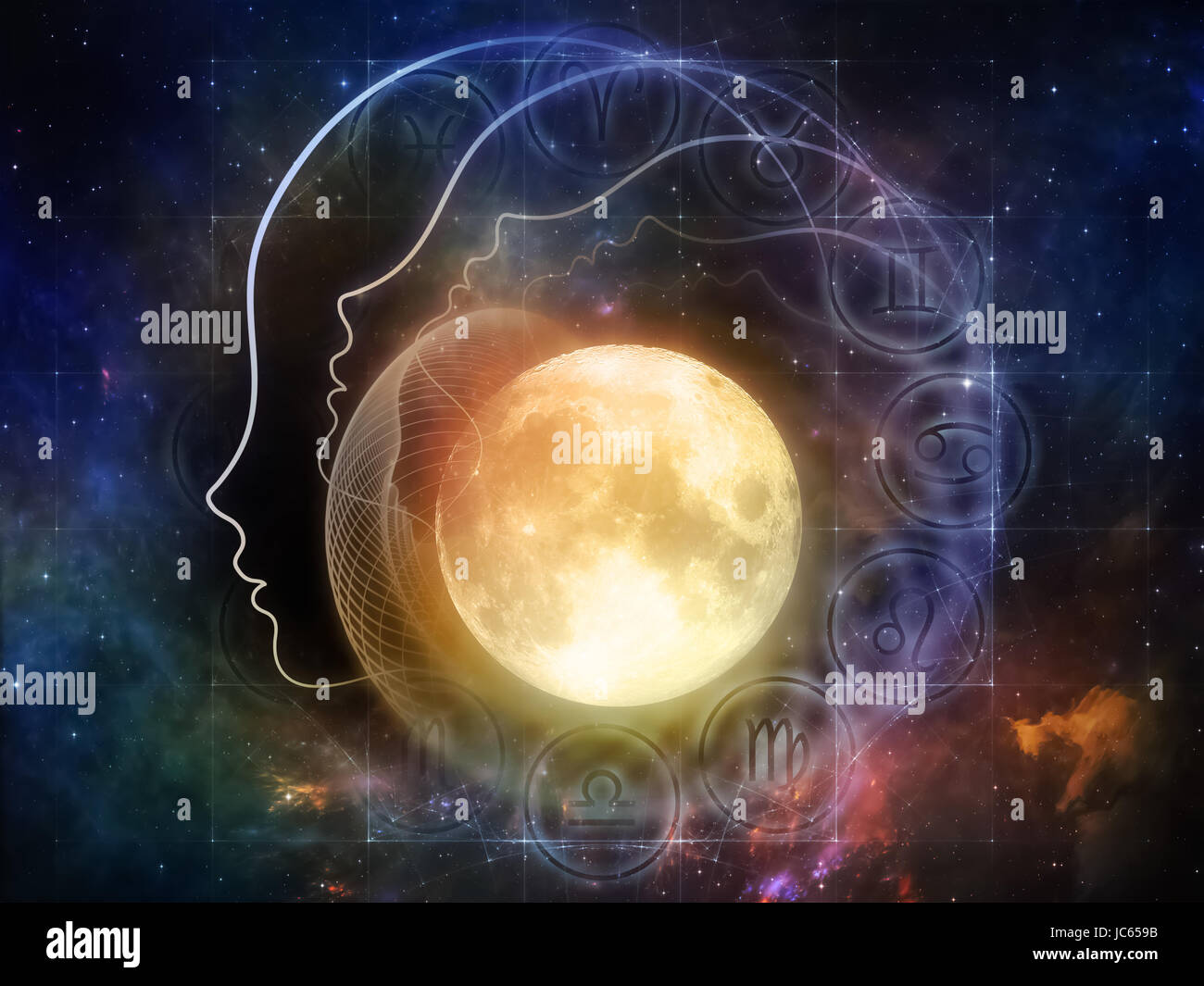 Inner Moon series. Abstract design made of moon, human profile and ...