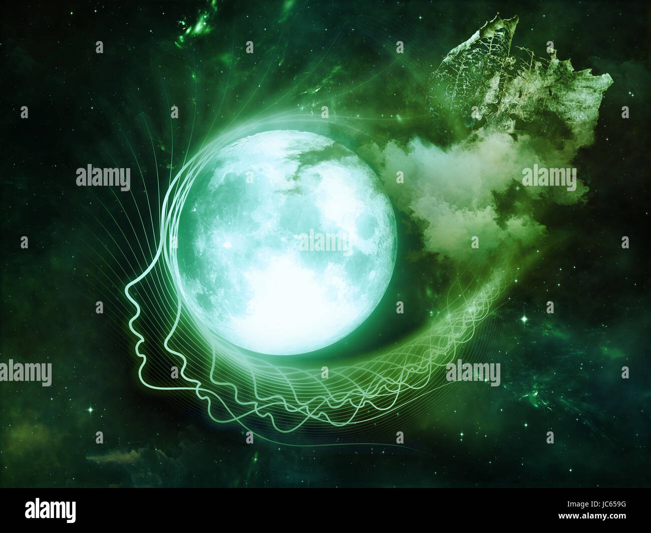 Inner Moon series. Backdrop of moon, human profile and design elements ...