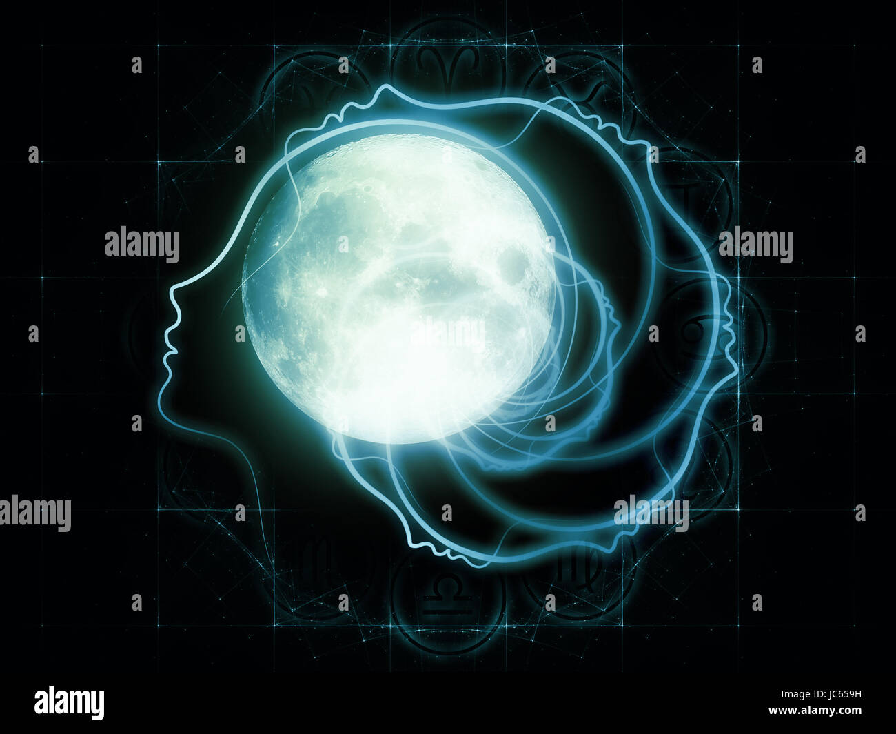 Inner Moon series. Arrangement of moon, human profile and astrological ...