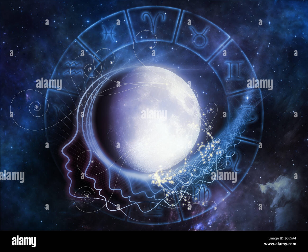 Inner Moon series. Design composed of moon, human profile and ...