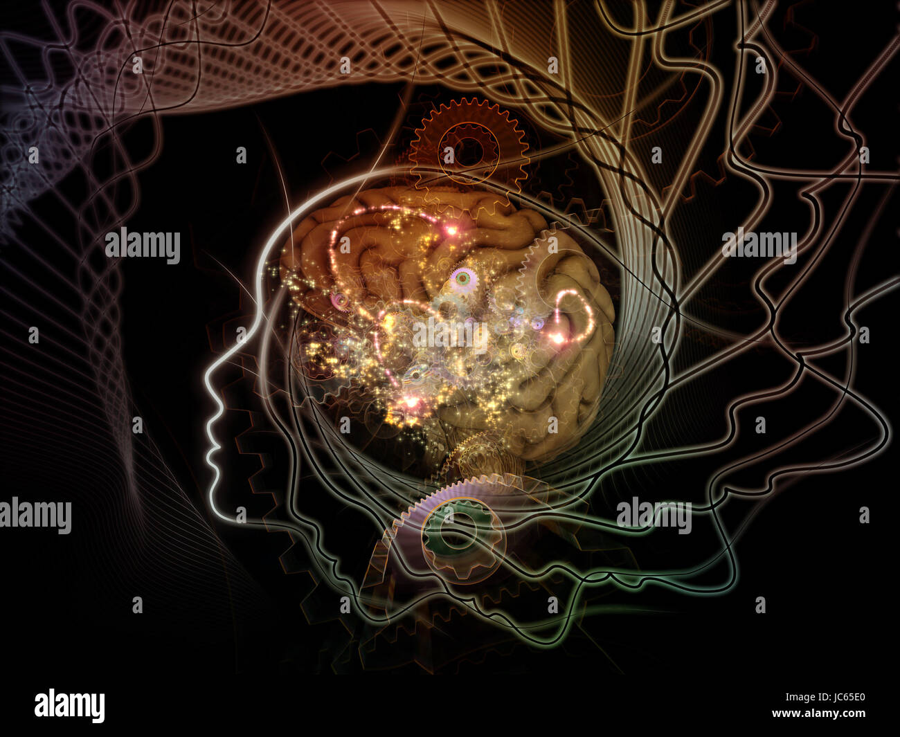 Human Mind series. Arrangement of brain, human outlines and fractal ...