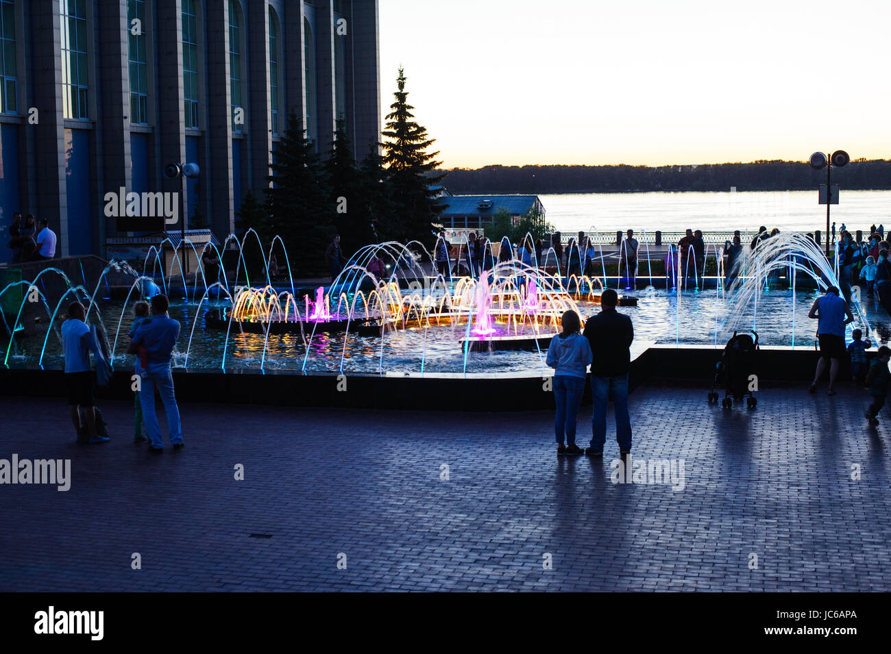 Samara, Russia - 29 june, 2017. Musical fountain in Samara at night ...