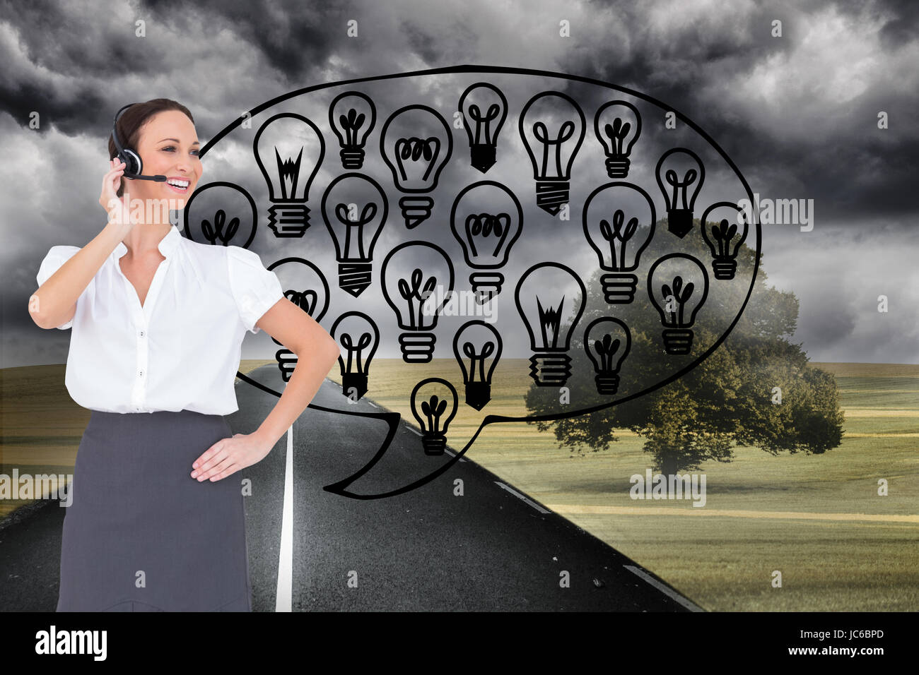 Composite image of cheerful smart call center agent working while ...