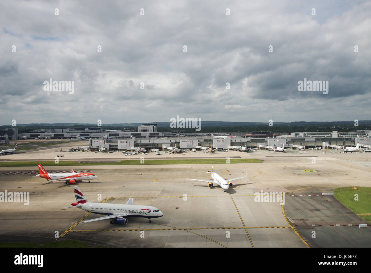 Terminal and aprons in Gatwick airport seen from the air Stock Photo ...