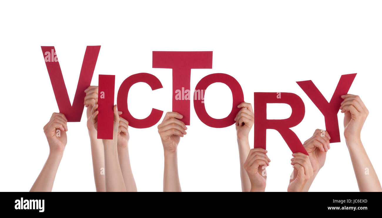 Many Hands Holding the Word Victory, Isolated Stock Photo - Alamy