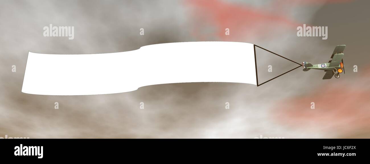 Biplane aircraft pulling advertisement banner in sunset sky - 3D render ...