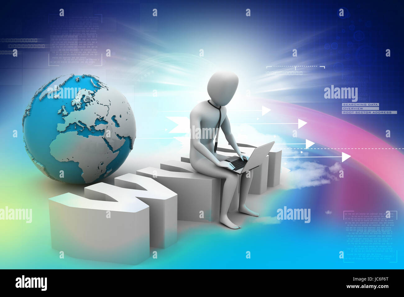Man with laptop sitting on www label Stock Photo - Alamy