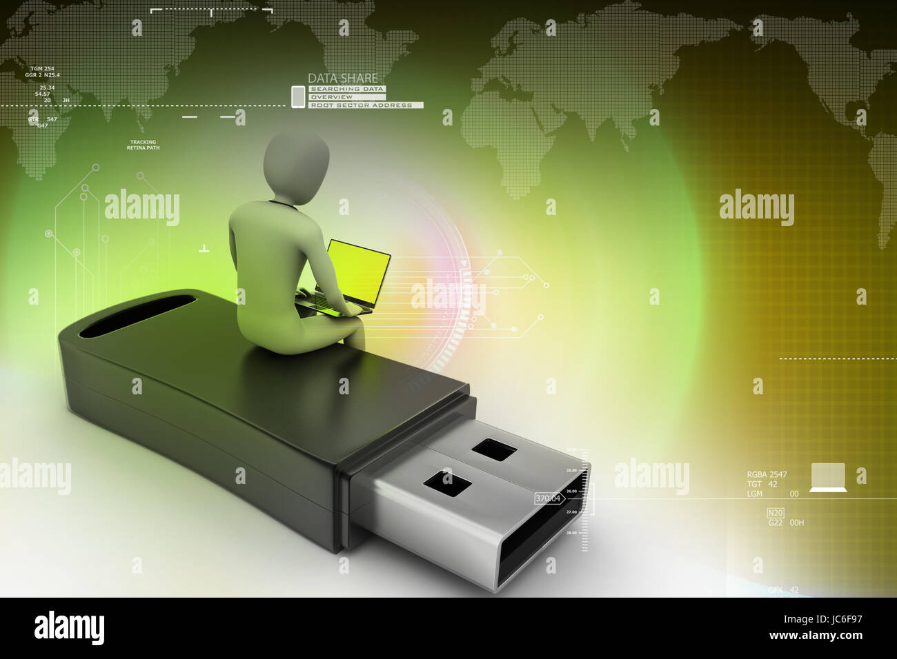 3d man and laptop sitting usb Stock Photo - Alamy