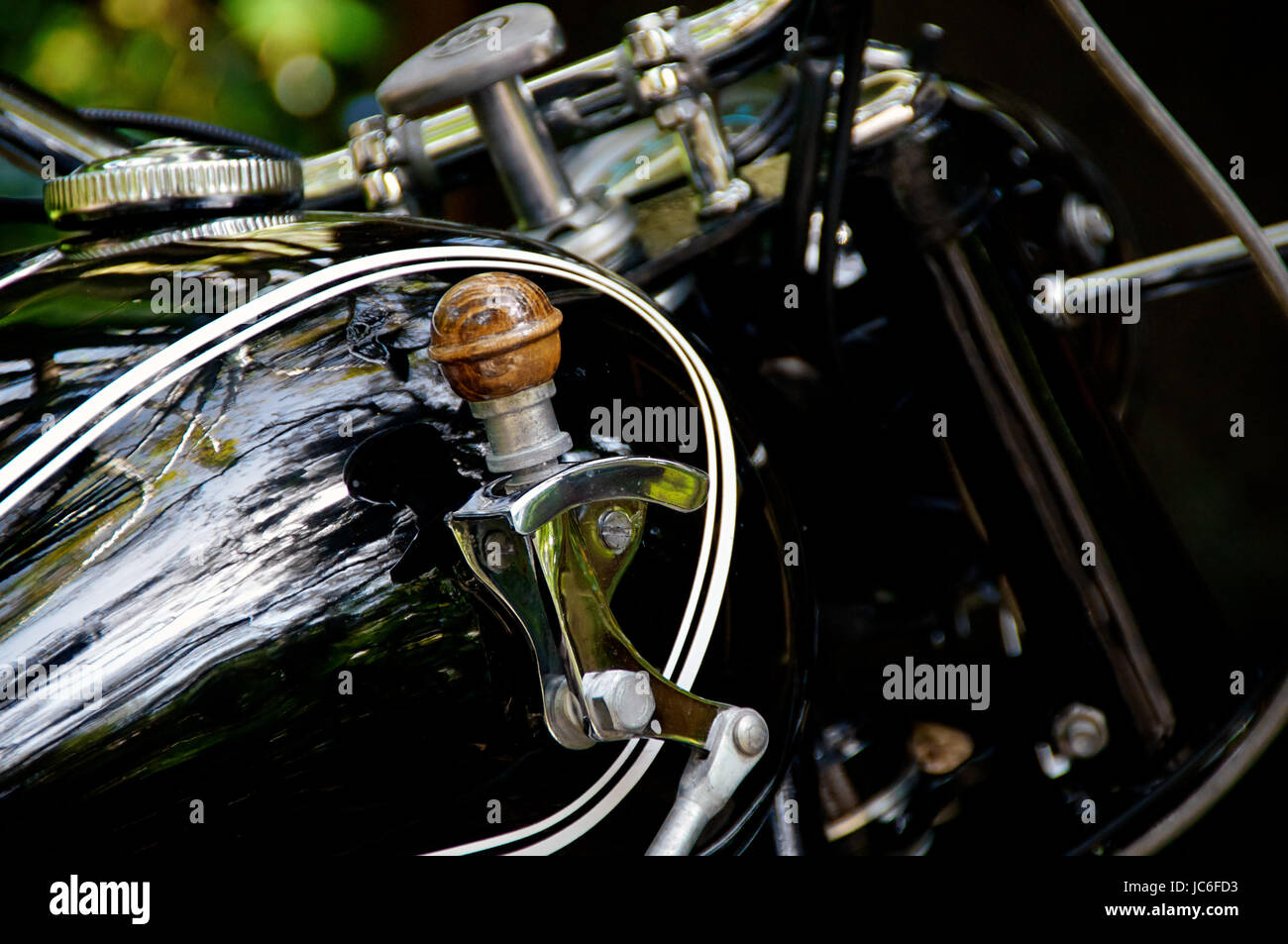 Detail of motorcycle gas tank shifter on vintage black motorcycle Stock ...