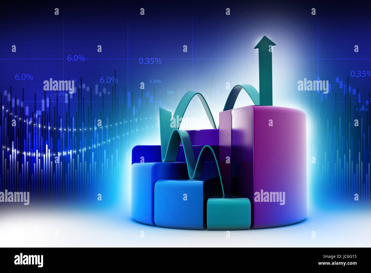 finance pie and bar chart graphs with growing arrow Stock Photo - Alamy
