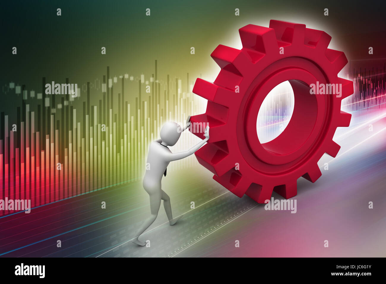 3d man pushing the gear Stock Photo - Alamy