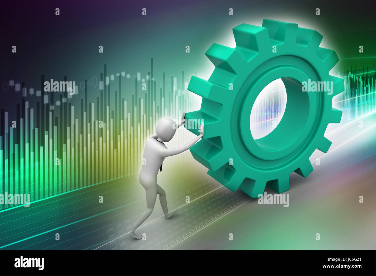 3d man pushing the gear Stock Photo - Alamy