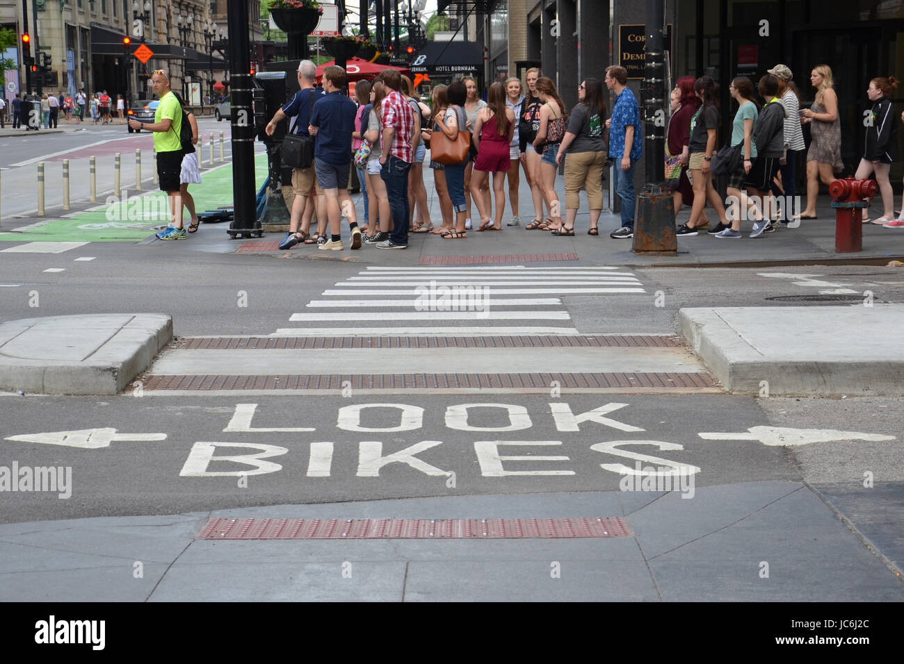 CHICAGO - MAY 29: Bike lane in Chicago, shown on May 29, 2016. The on ...