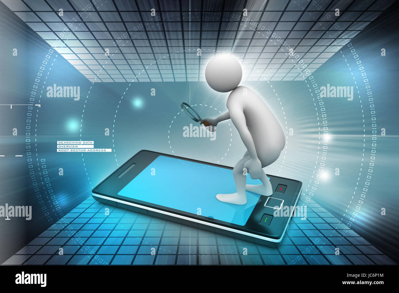 3d man analysing the tablet through magnifier Stock Photo - Alamy