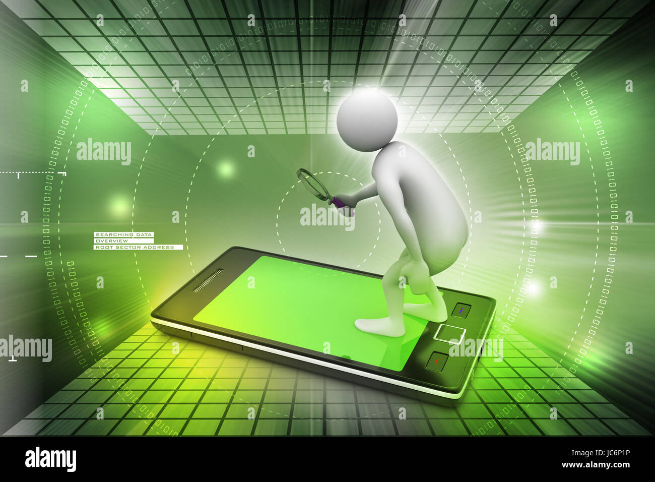 3d man analysing the tablet through magnifier Stock Photo - Alamy