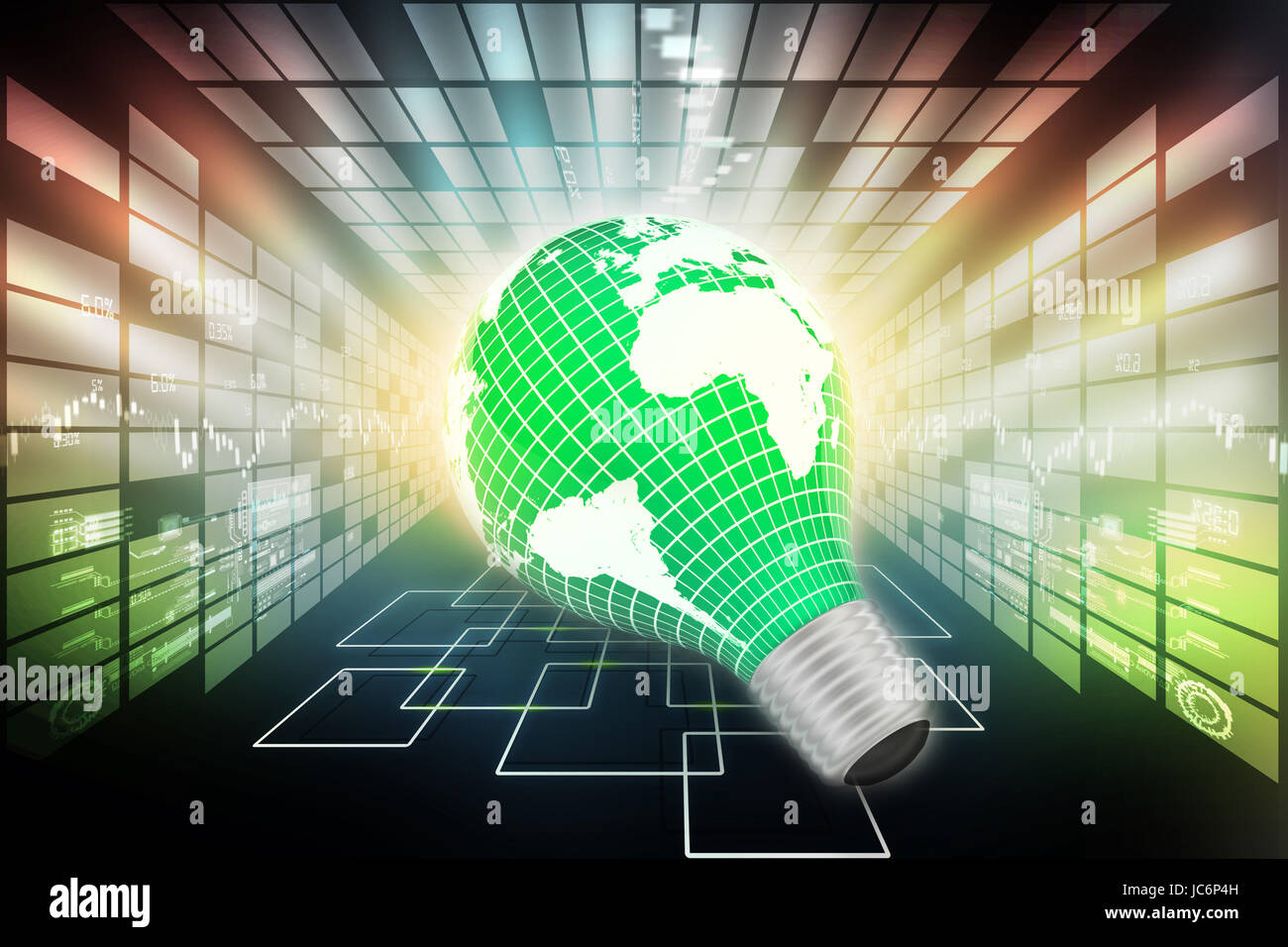 an electric light bulb with a world map Stock Photo - Alamy