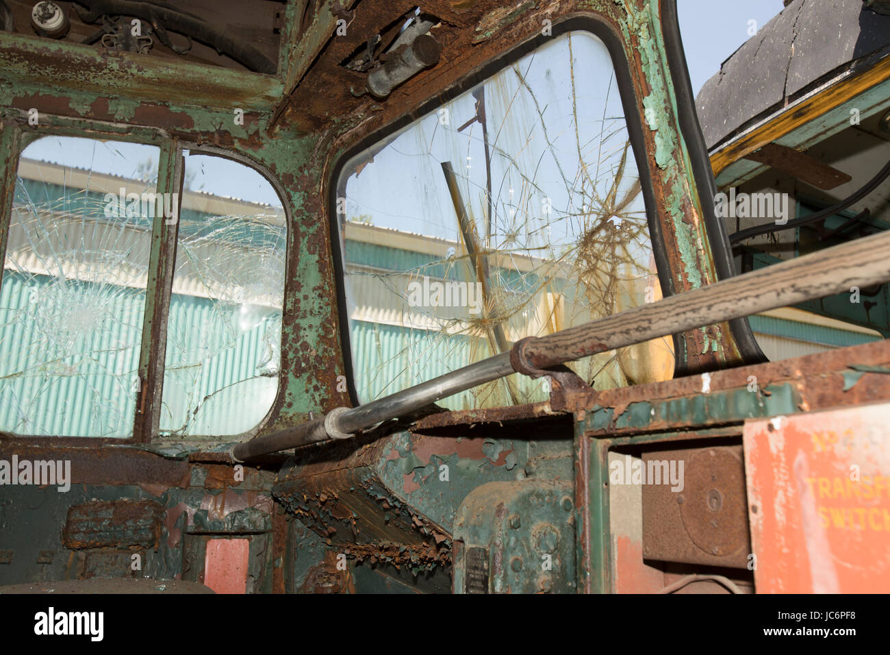 Rusty grunge interior of abandoned trolley car Stock Photo - Alamy