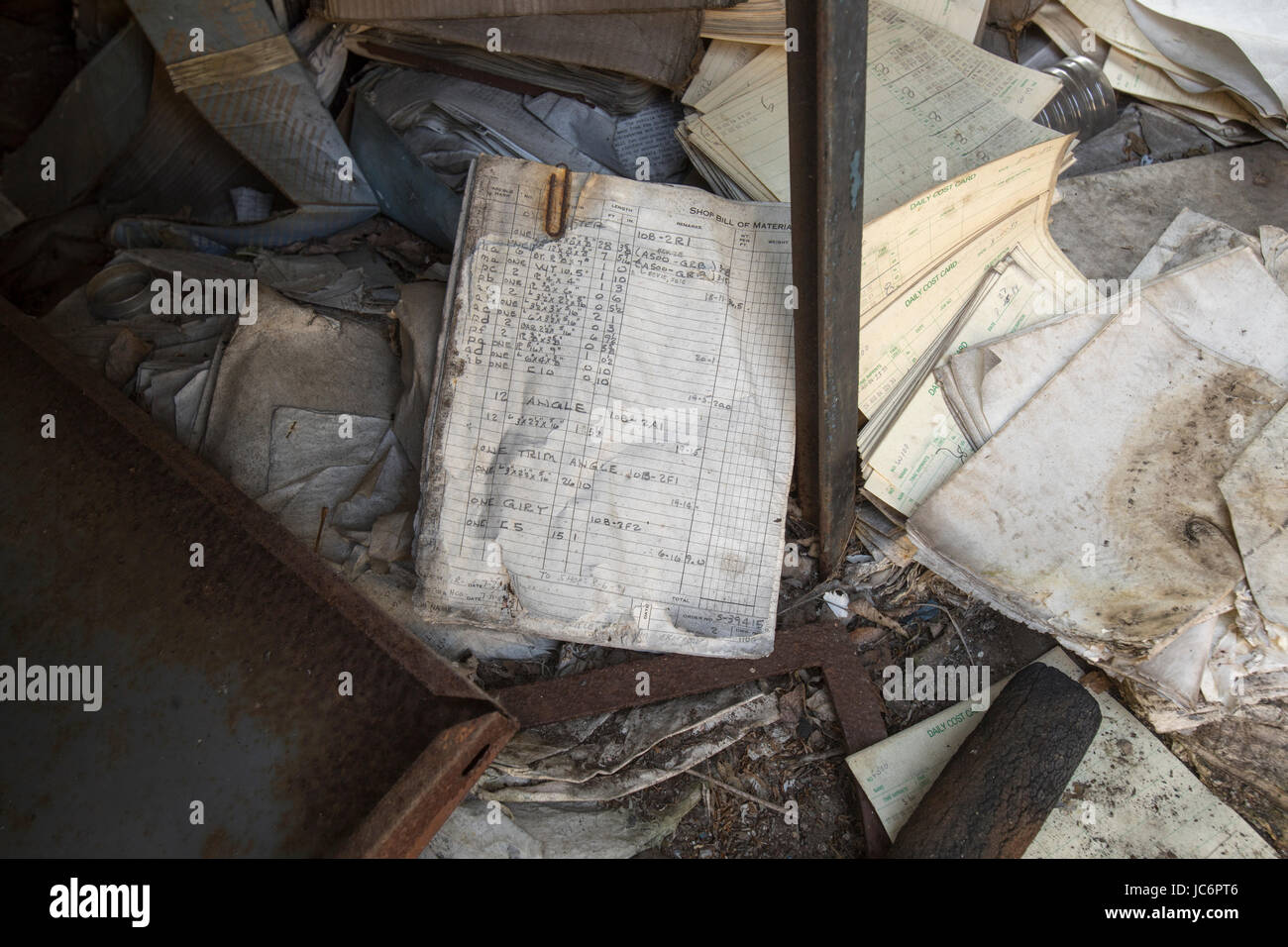 Damaged business forms on floor of abandoned workshop Stock Photo - Alamy