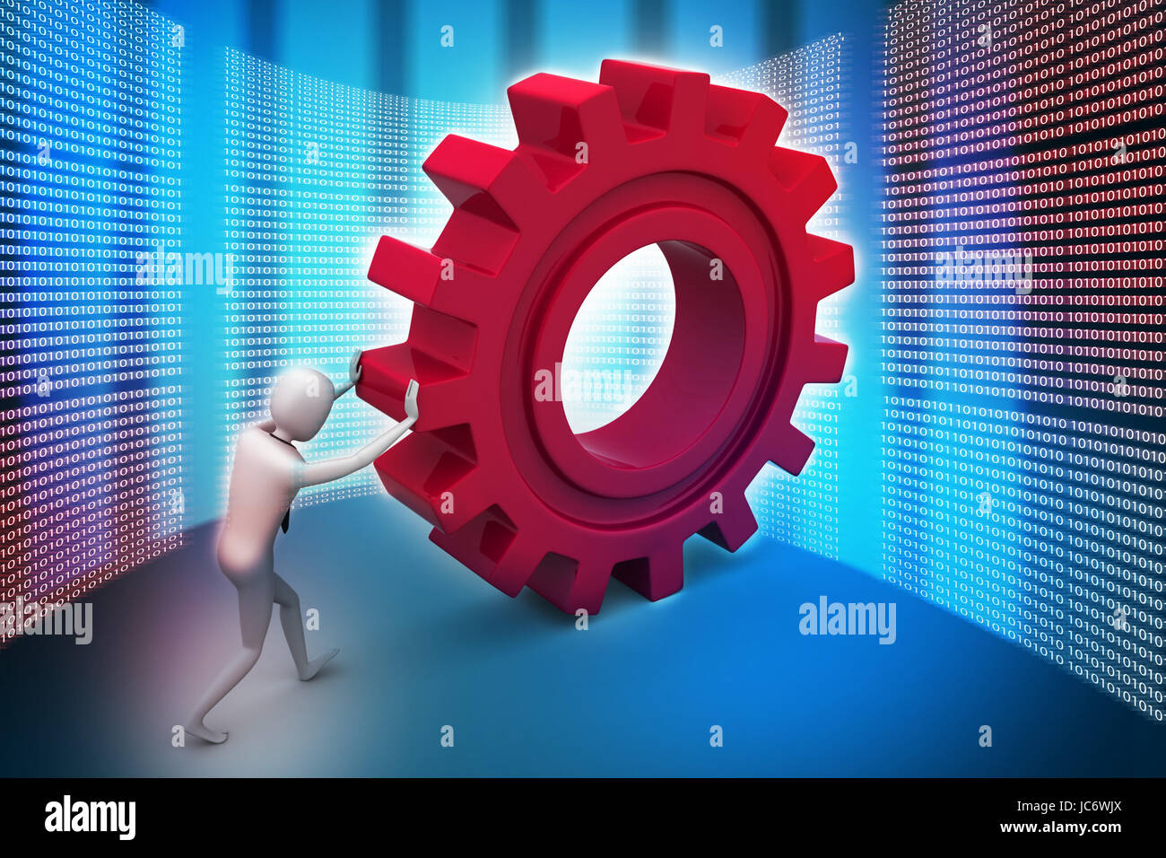 3d man pushing the gear Stock Photo - Alamy