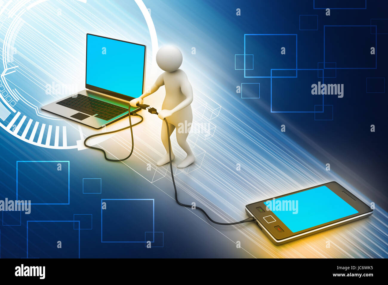 3d man connecting laptop and mobile Stock Photo - Alamy