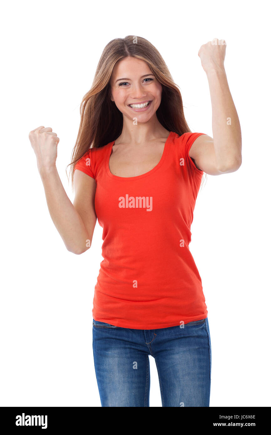 Very happy woman having a successful gesture, isolated on white Stock ...