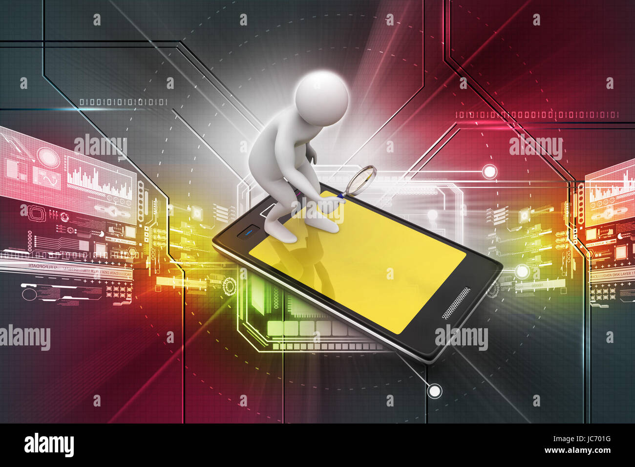 3d man analysing the tablet through magnifier Stock Photo - Alamy