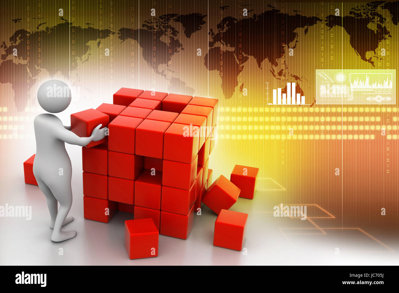 3d people - man, person pushing a cube Stock Photo - Alamy