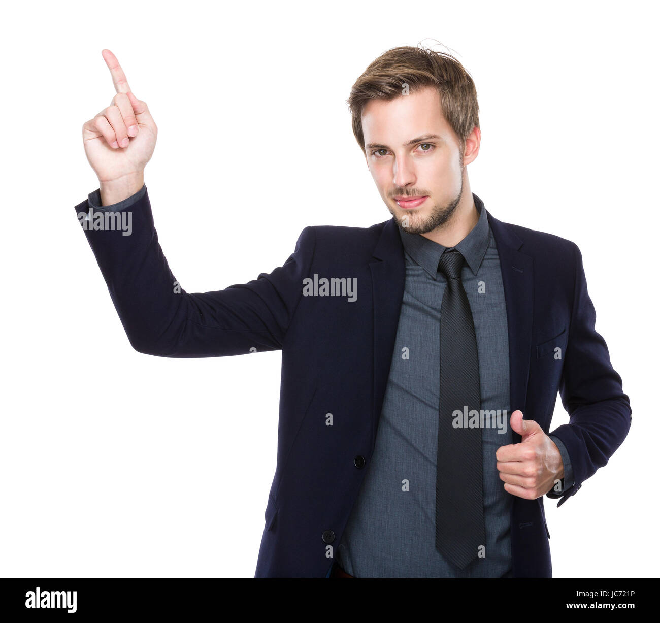 Businessman with finger up Stock Photo - Alamy