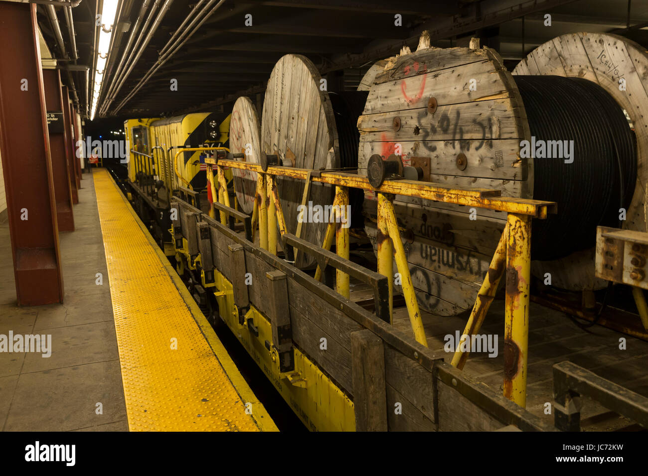 New York, NY - June 11, 2017: MTA repair train delivers cables for ...