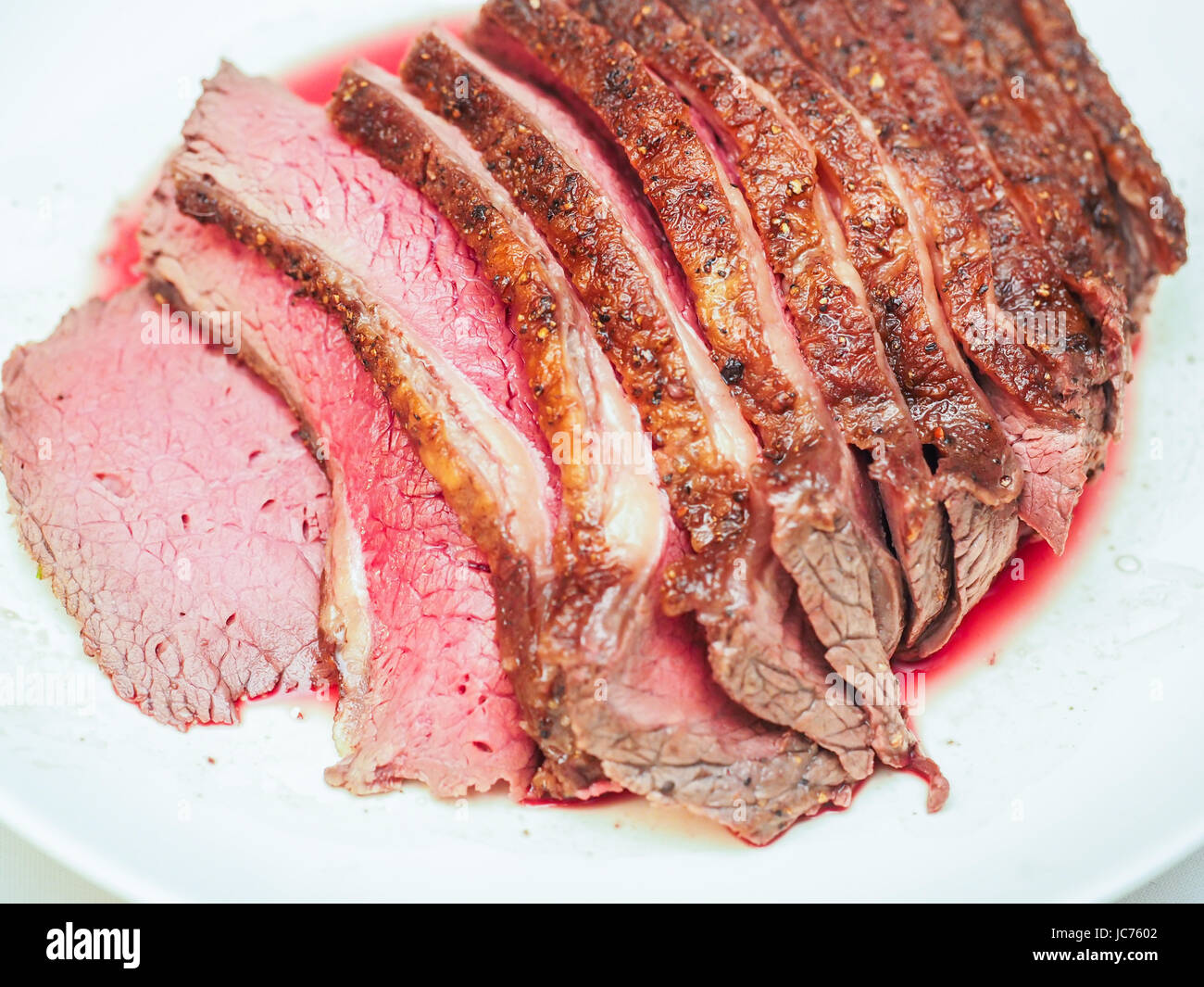 Fried seasoned juicy red meat on white plate Stock Photo - Alamy