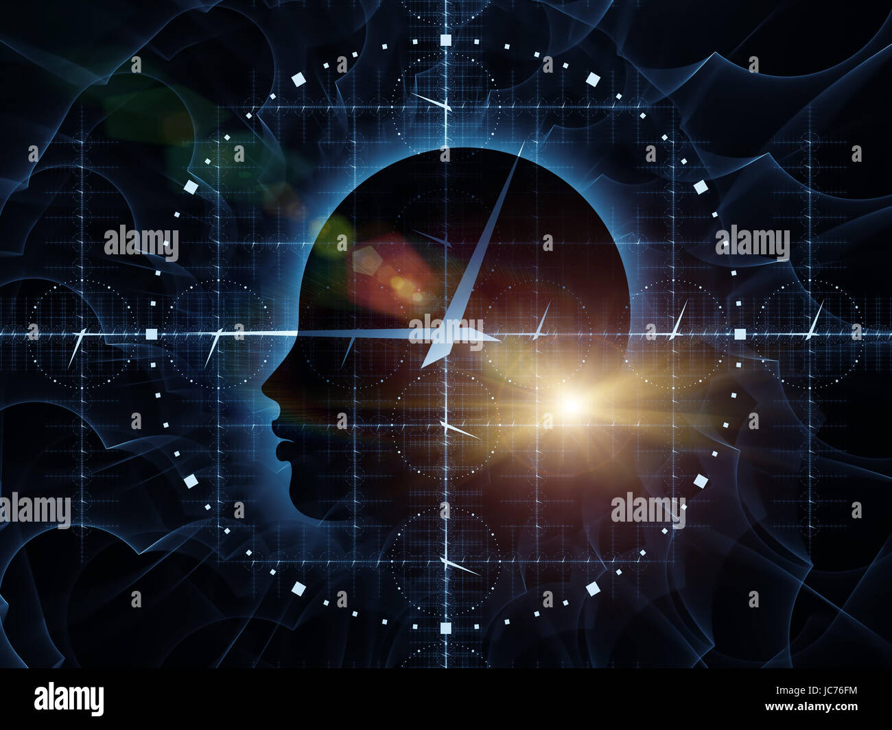 Mind Time series. Graphic composition of Human profile, clock and ...