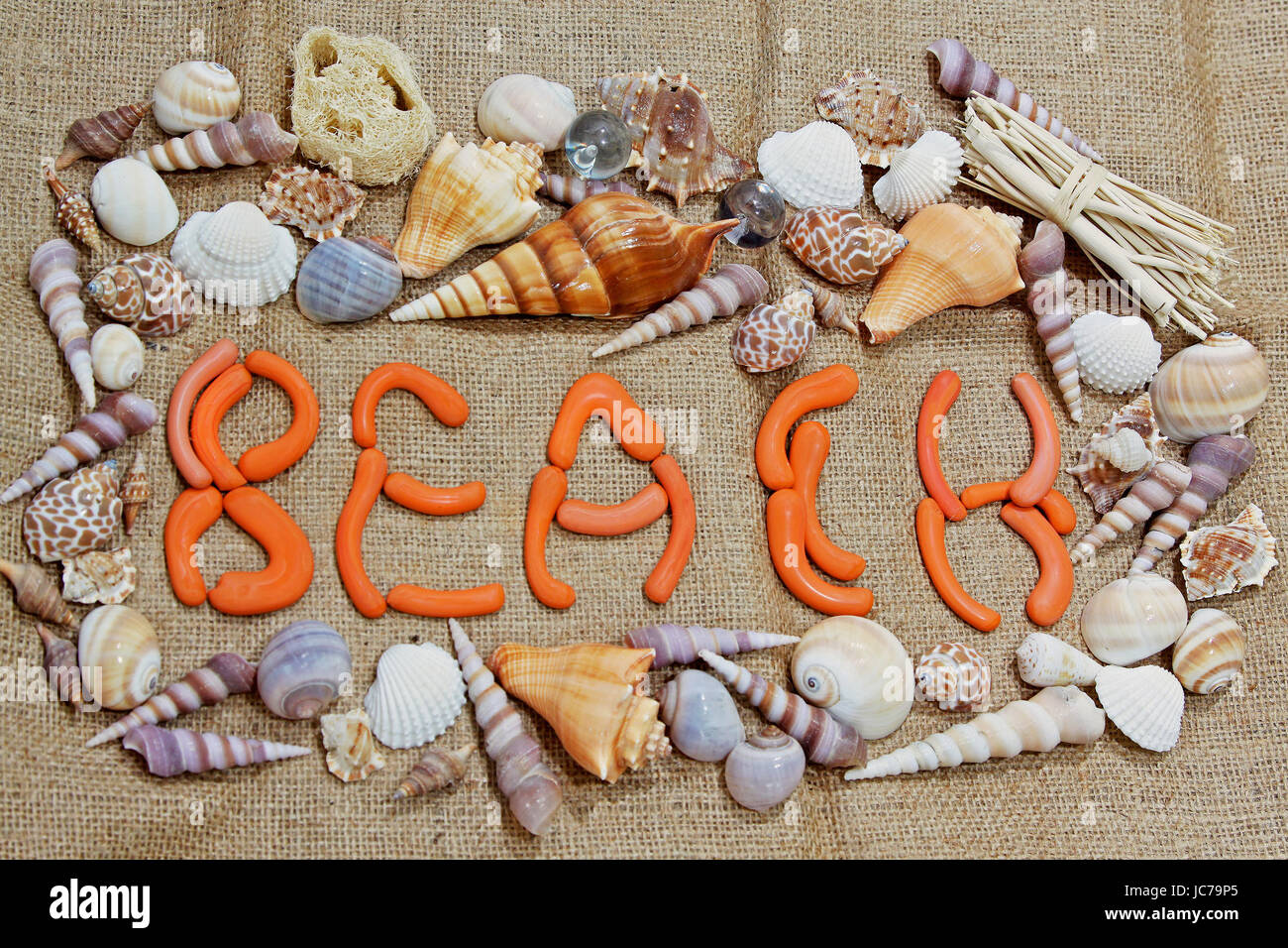 Sea shells frame on beige background with beach word sign Stock Photo ...