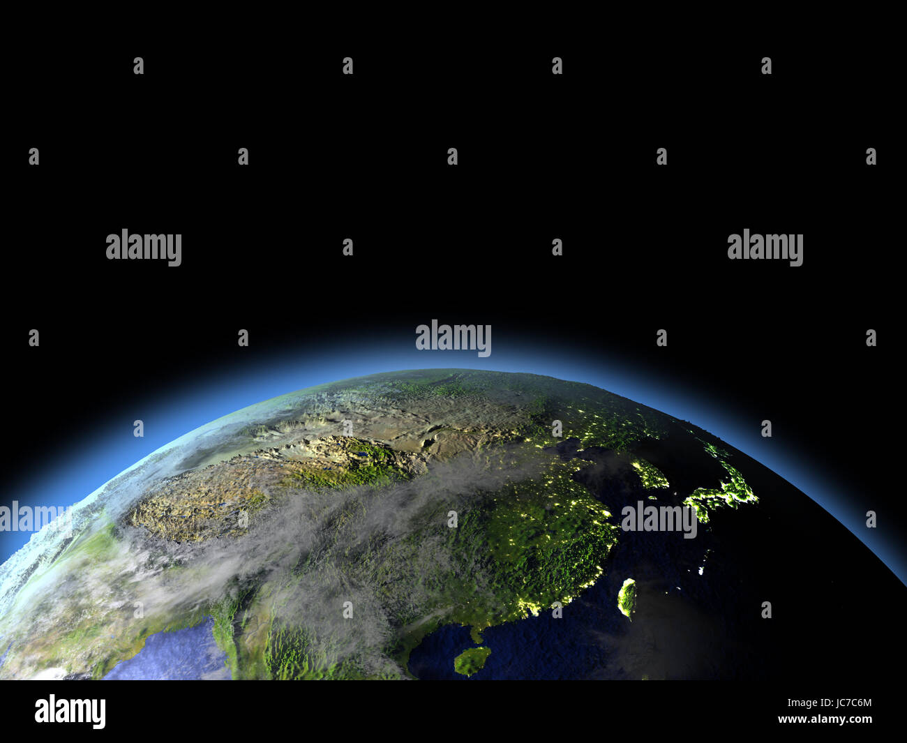 East Asia from Earth's orbit in space. 3D illustration with detailed ...