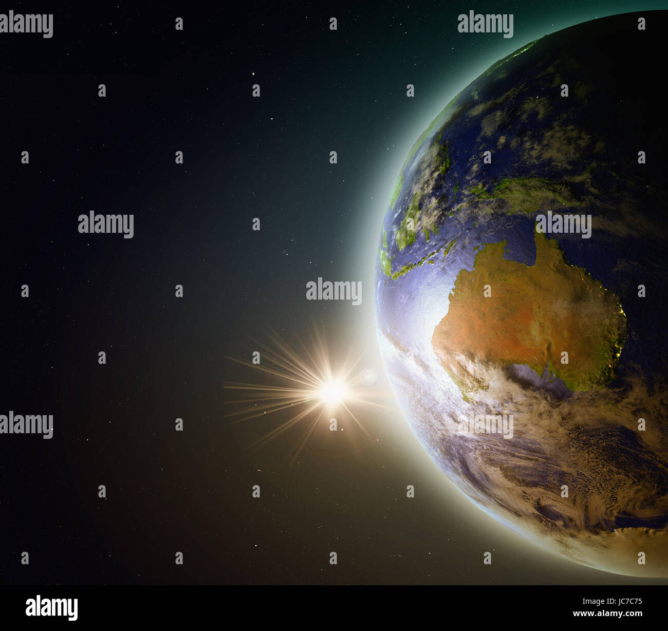 Australia during sunset as seen from Earth's orbit in space. 3D ...
