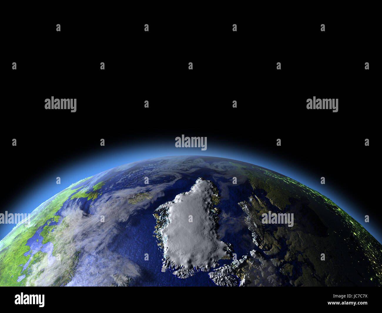 Greenland from Earth's orbit in space. 3D illustration with detailed ...