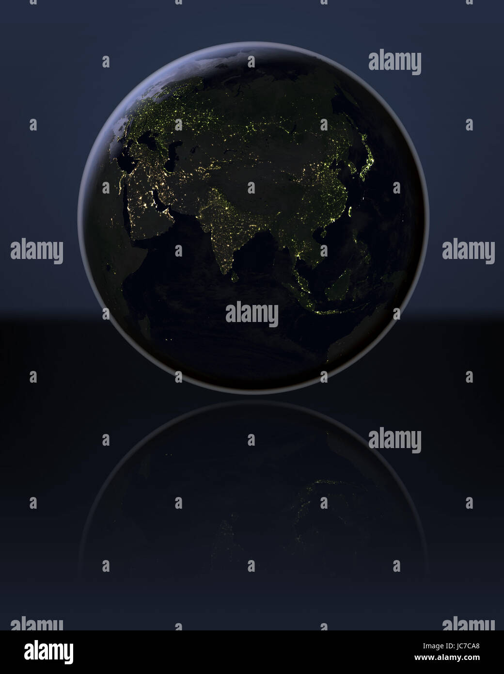 Asia at night on globe with visible city lights. 3D illustration ...