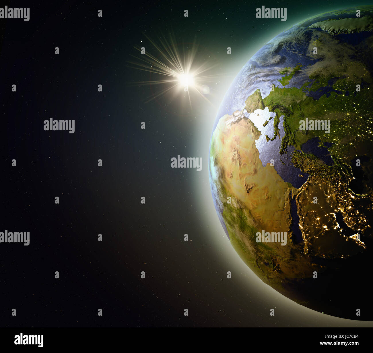 Europe during sunset as seen from Earth's orbit in space. 3D ...