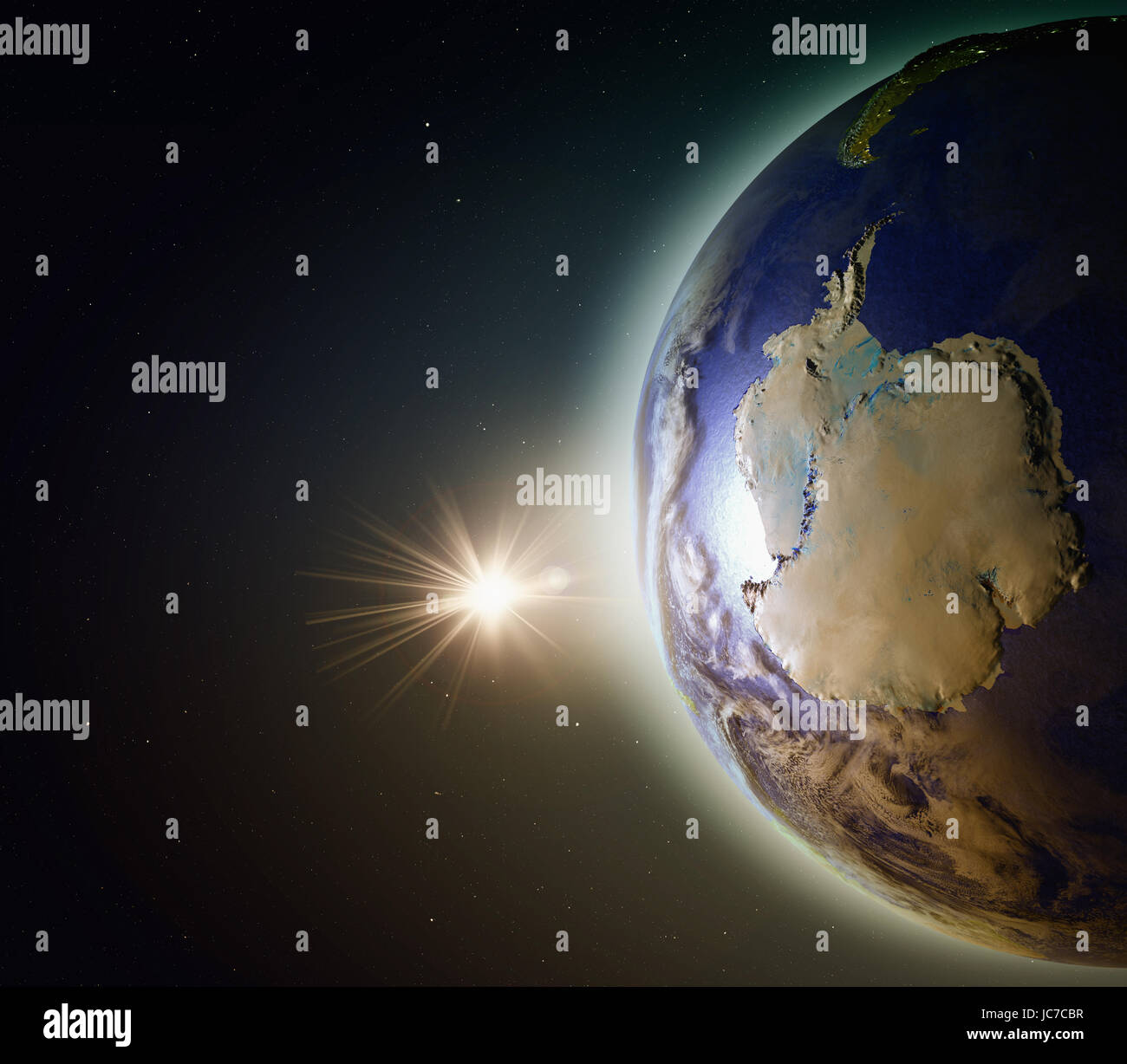 Antarctica during sunset as seen from Earth's orbit in space. 3D ...