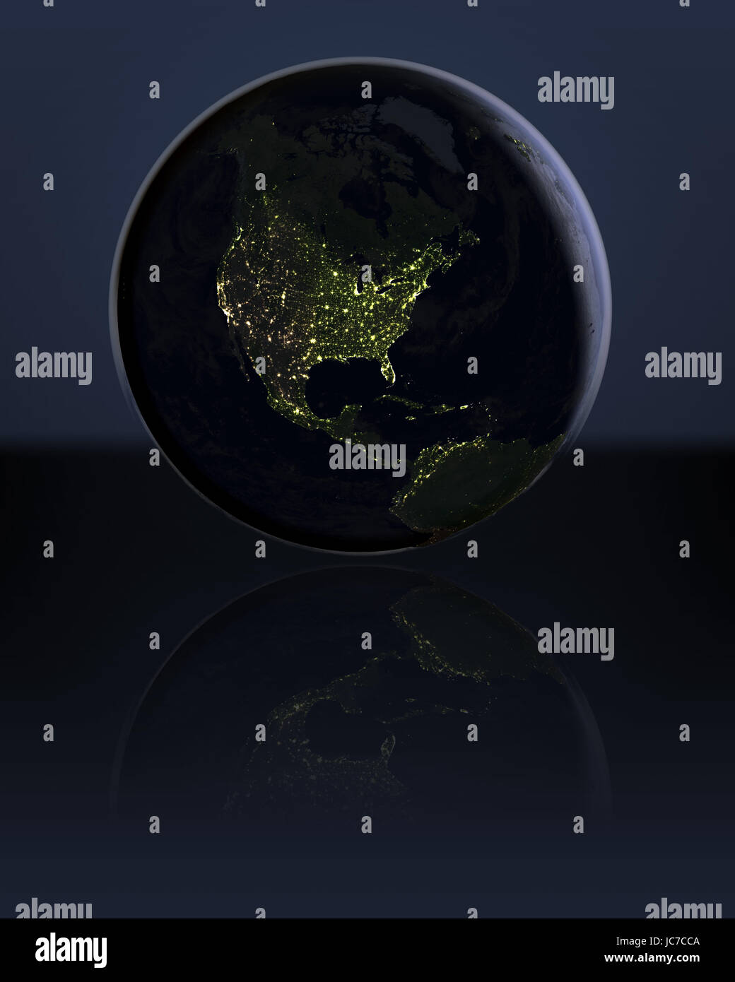 North America at night on globe with visible city lights. 3D ...